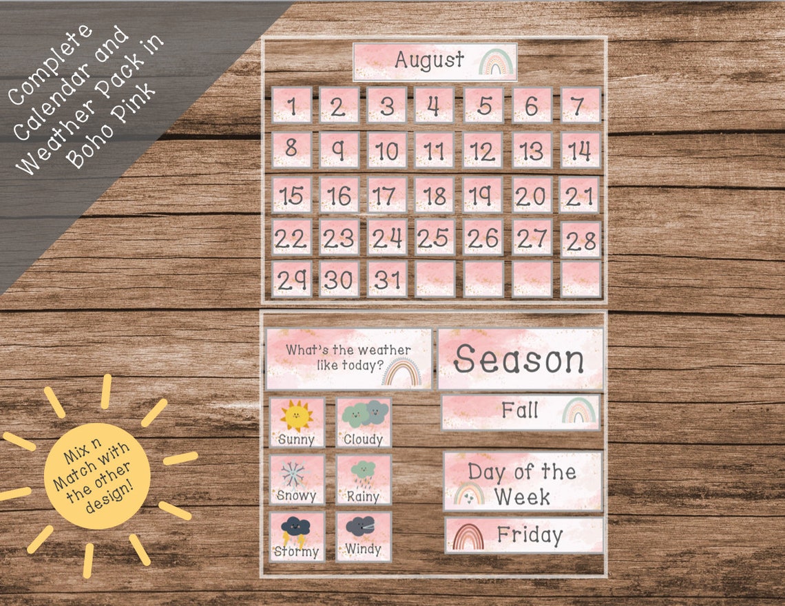 Classroom Calendar Chart Printable Modern Boho Calendar Set - Etsy