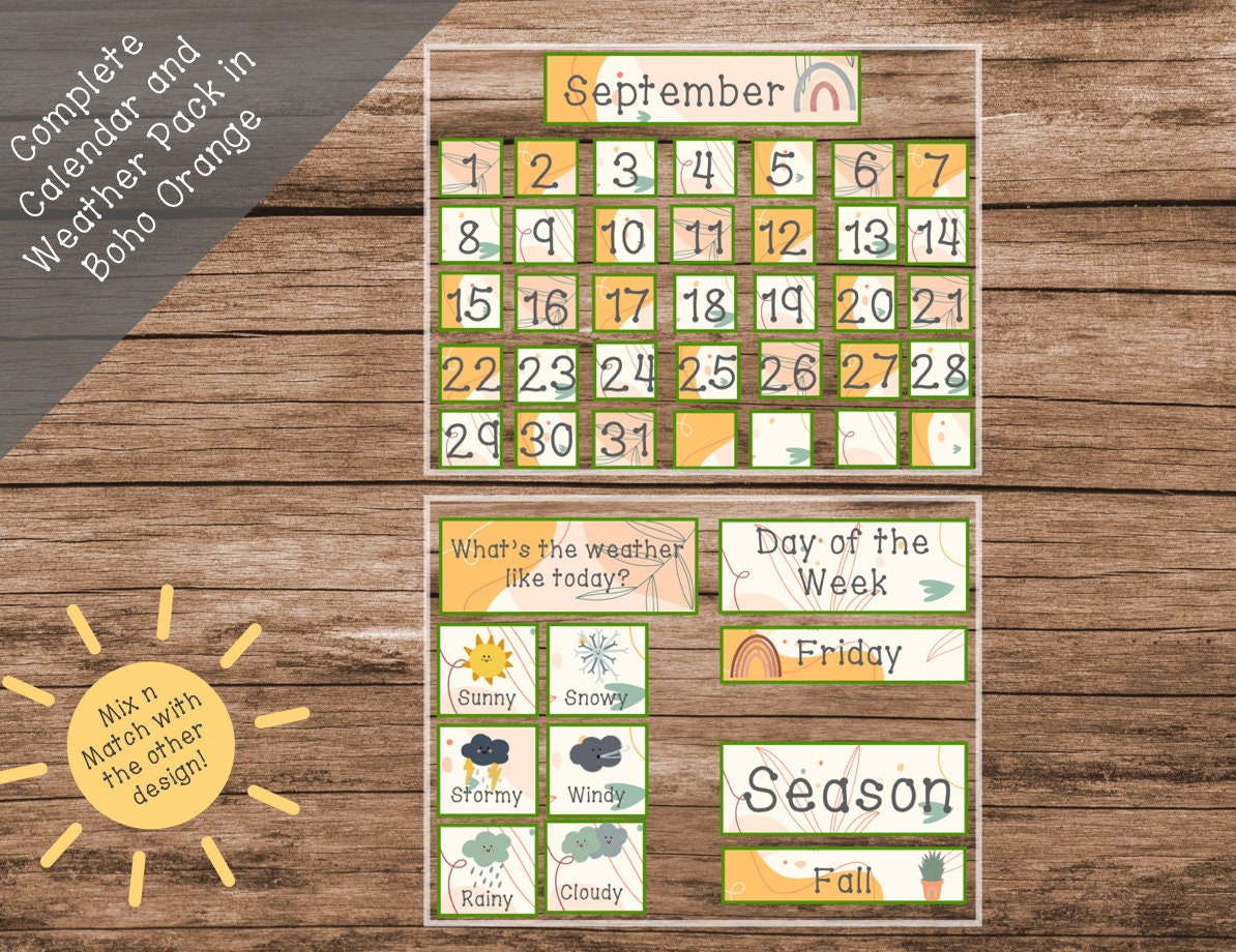Classroom Calendar Chart | Printable Modern Boho Calendar Set - Etsy