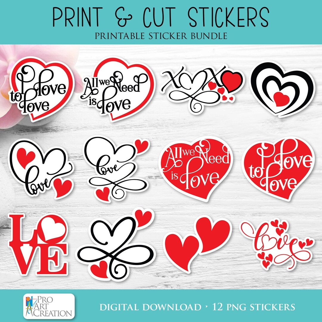Printable Love Stickers, PNG Stickers Print and Cut Stickers, Digital ...