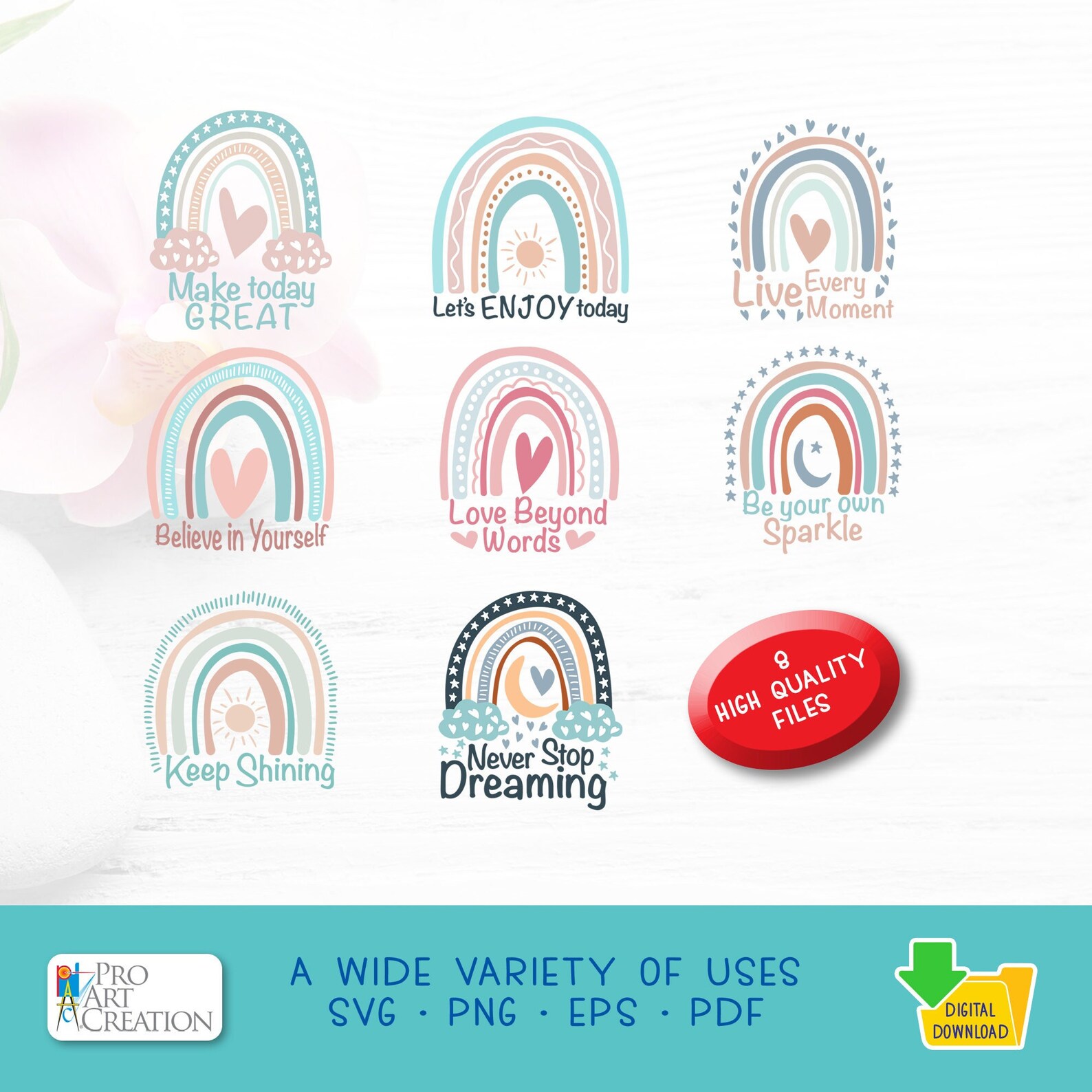 Boho Rainbow Clipart Bundle for Vinyl Cutting, Printing, Heat Transfers ...