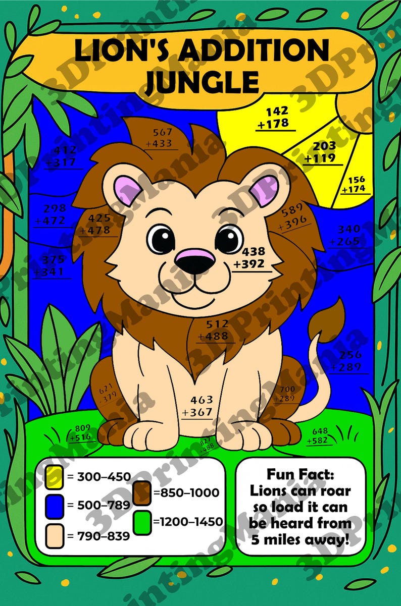 Lion Addition Coloring Page | Math Worksheet for Kids | 3rd Grade Color ...