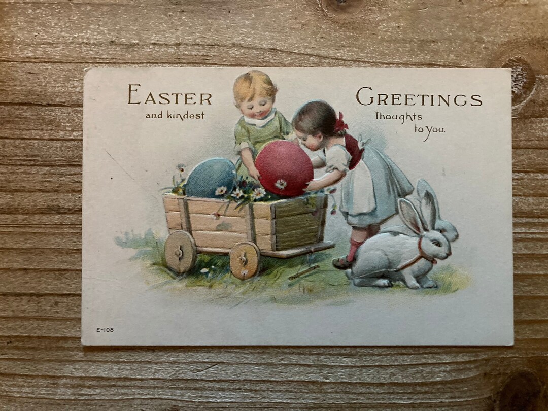 Easter Greetings, Rabbit Pulling Wagon With Colored Eggs, Unused ...