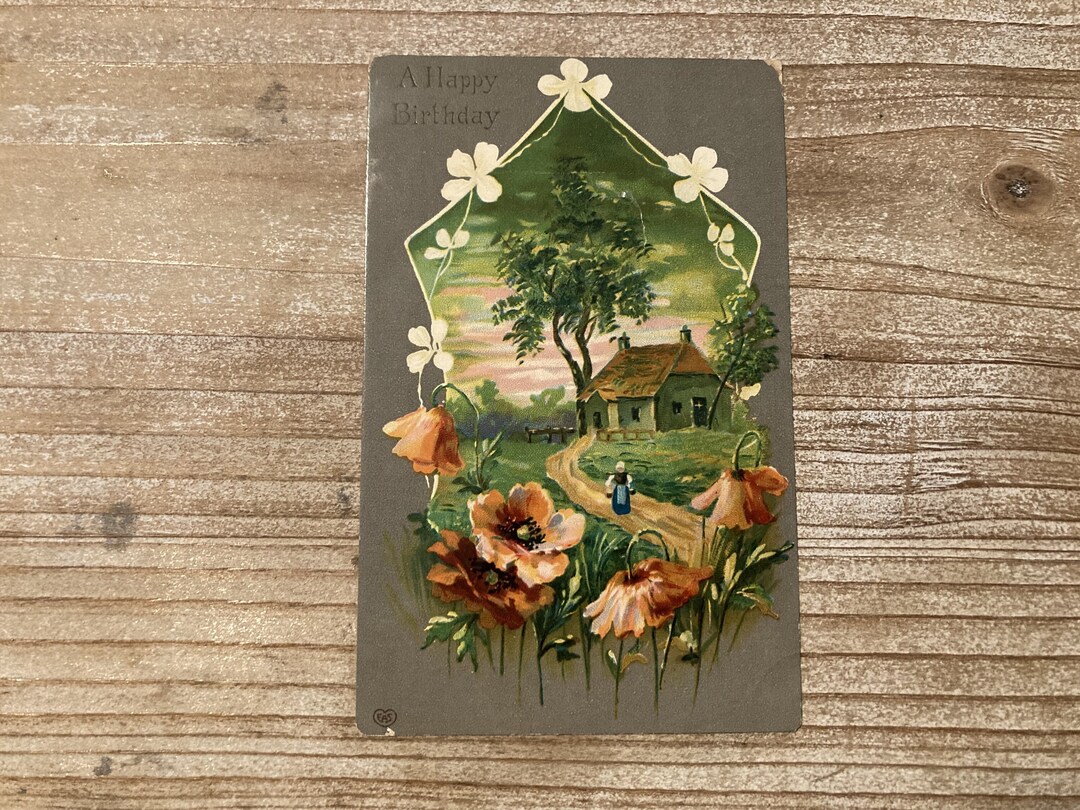 A Happy Birthday, Rural Scene, Woman, House, Red Flowers, Victorian ...