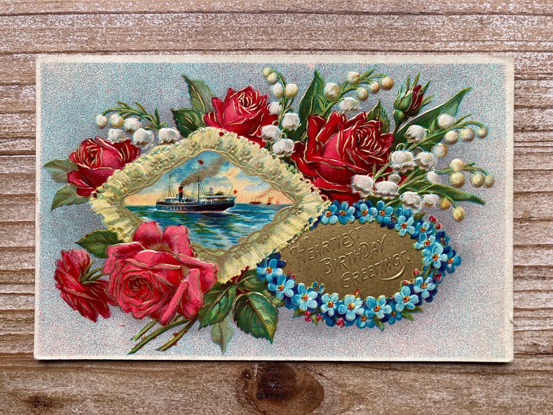 Heartiest Birthday Greetings, Ship, Roses, Canceled Stamp, Antique ...