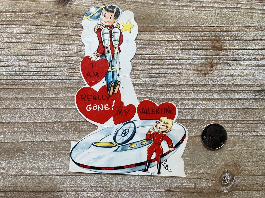 Boy With Jetpack Girl With Spaceship Really Gone Die Cut Vintage ...