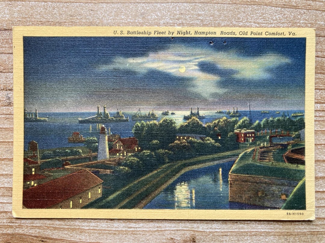 US Battleship Fleet by Night, Hampton Roads, Old Point Comfort, Virginia, Curteich, Linen, 1941 ...