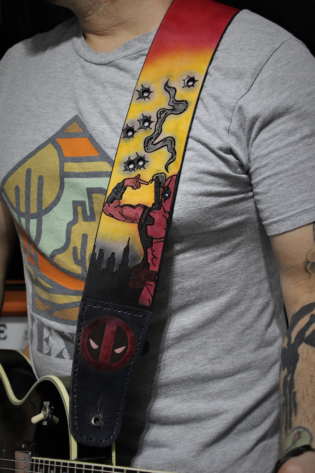 Deadpool Guitar Strap, Leather Guitar Strap, Comic Book Superhero, Hand ...