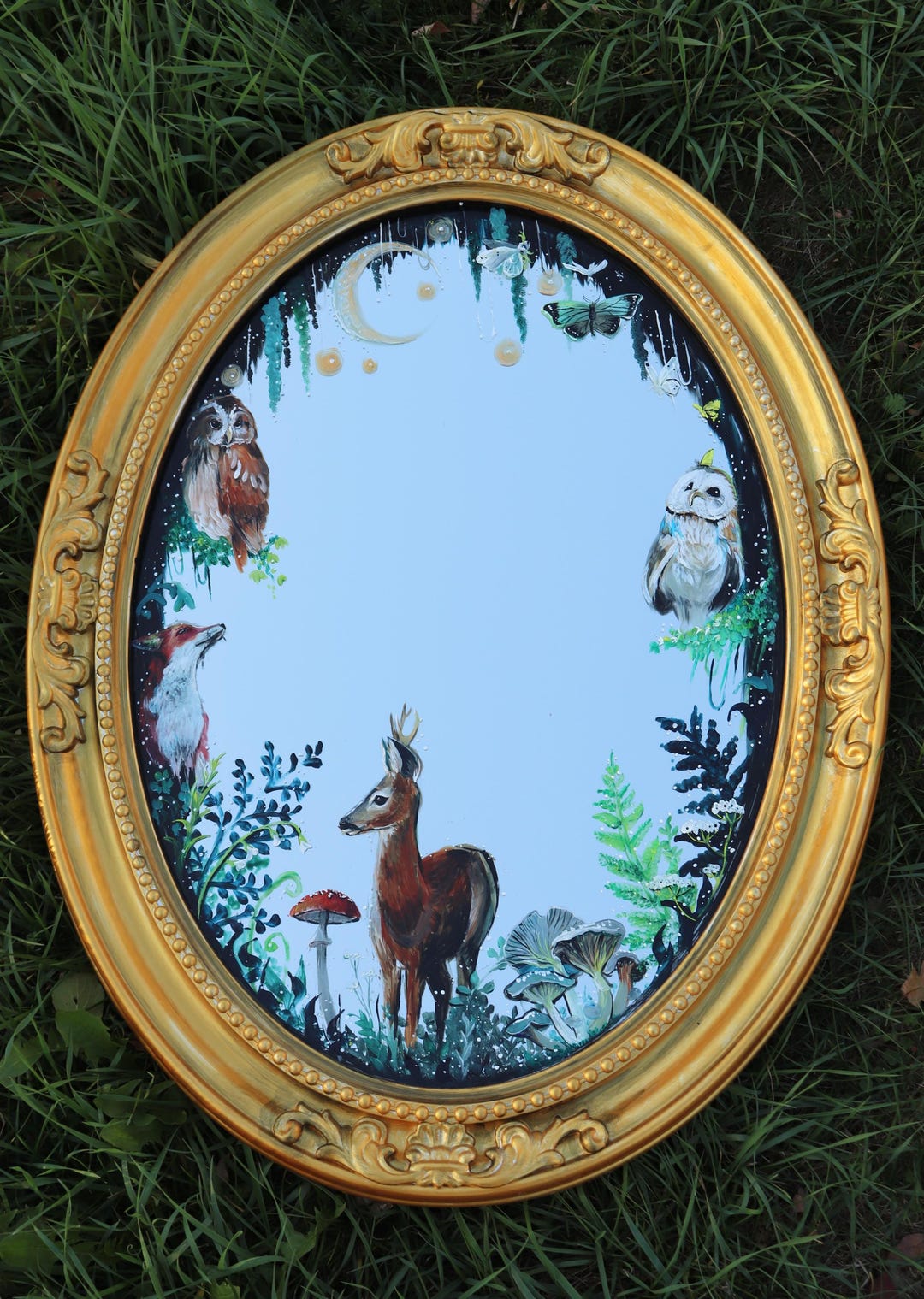 Hand Painted Ethereal Wall Mirror With Golden Frame and Woodland ...