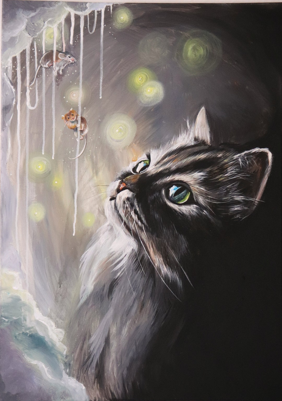 Original Dreamy Cat Painting on Canvas With Clouds and Mice, Ethereal ...