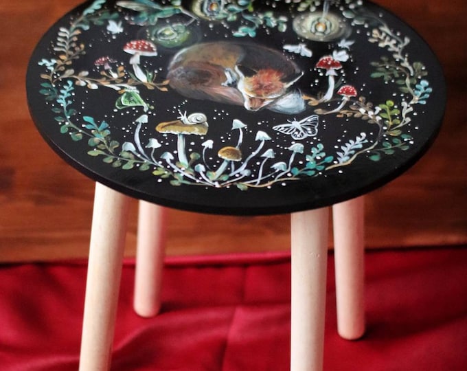 Hand Painted Round Table: Sleeping Fox, Mushrooms, Moths - Etsy