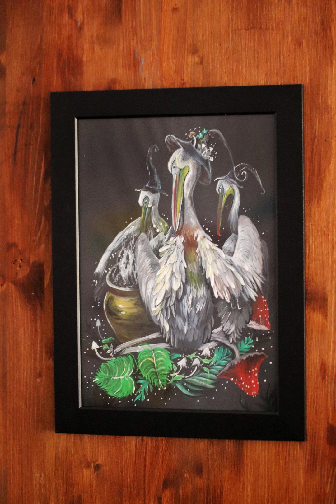 Original Pelicans Illustration Painting on Paper, Framed, Whimsical ...
