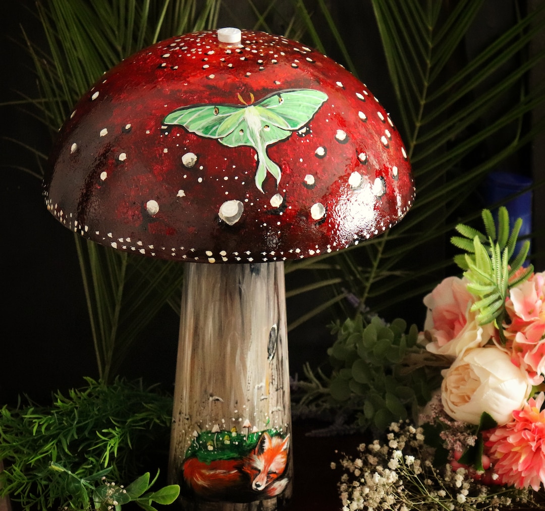 Hand Painted Mushroom Table Lamp, Whimsical Mushroom Lamp With Luna ...