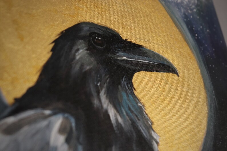Original Raven Painting on Canvas: 22K Gold Leaf Moon, Gothic Fantasy ...