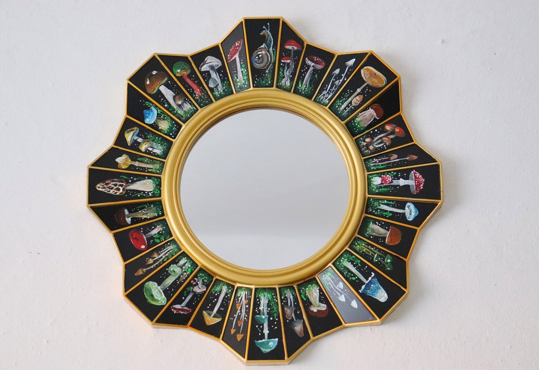 Hand Painted Dark and Gold Wall Mirror With Different Types of Colorful ...