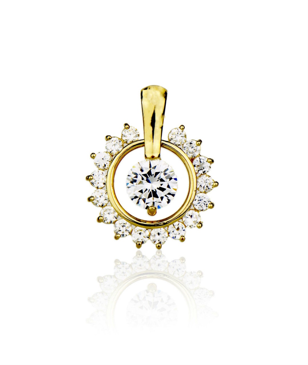 14K Solid Yellow Gold or White Gold Round Pendant With Cubic Zirconia ...