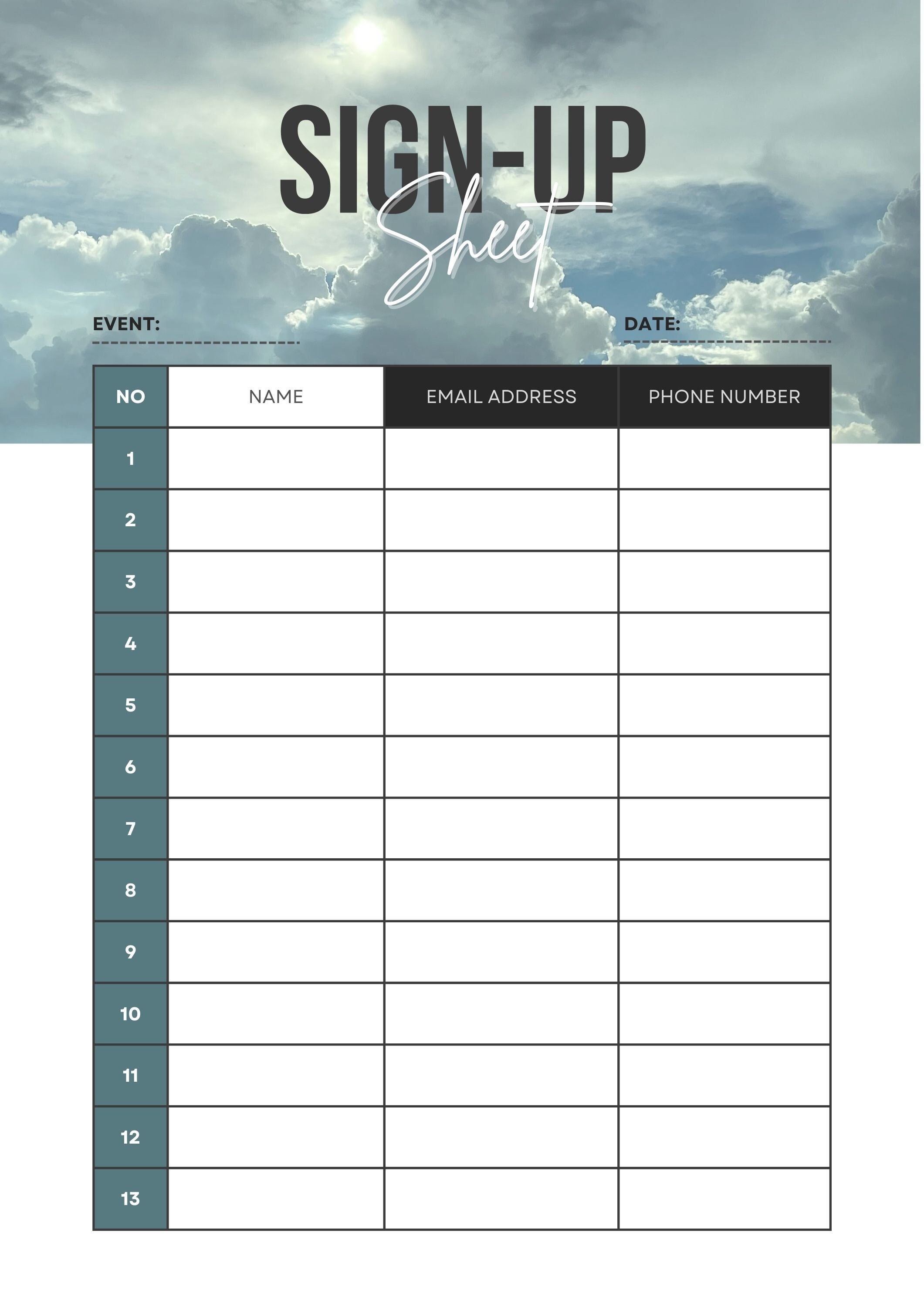 Sign up Sheet - Blue Sky - Etsy