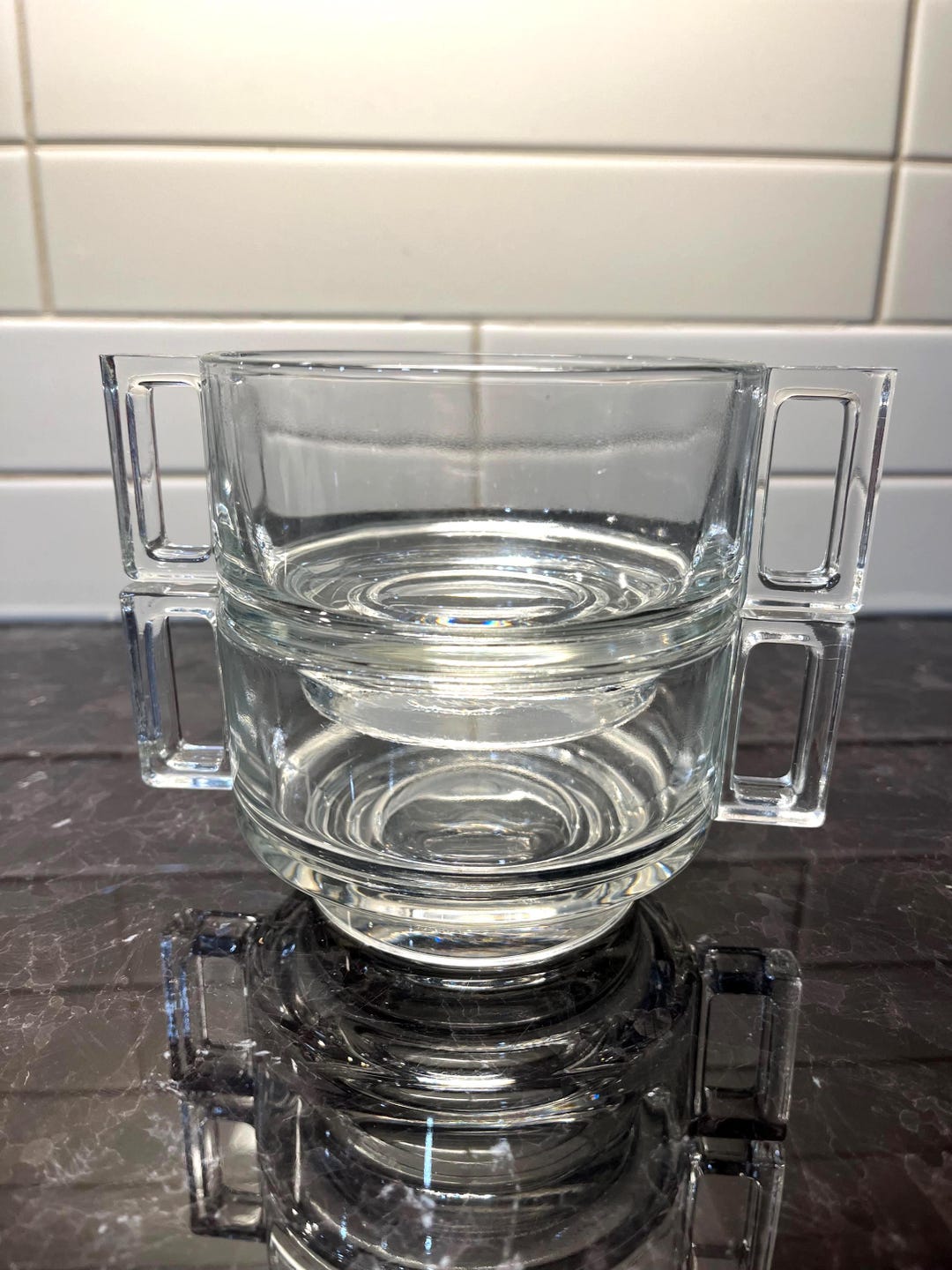 Joe Columbo Italy, Clear Glass Double Handled Soup Bowls, 1960s, Made ...