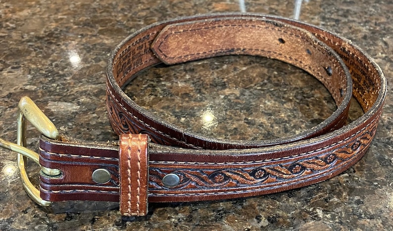 Vintage 1980s Tooled Leather Gary Mccoy Western Belt Size 28 ...