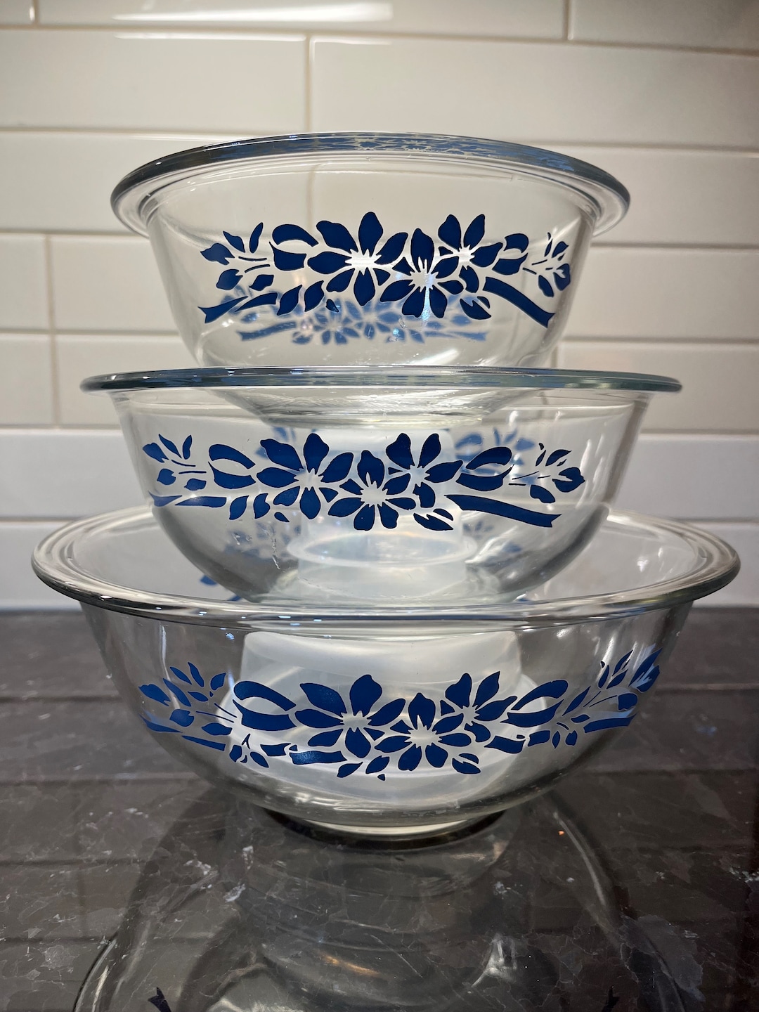 Vintage Pyrex Clear Glass Mixing Bowls With Blue Flower Ribbon Etsy