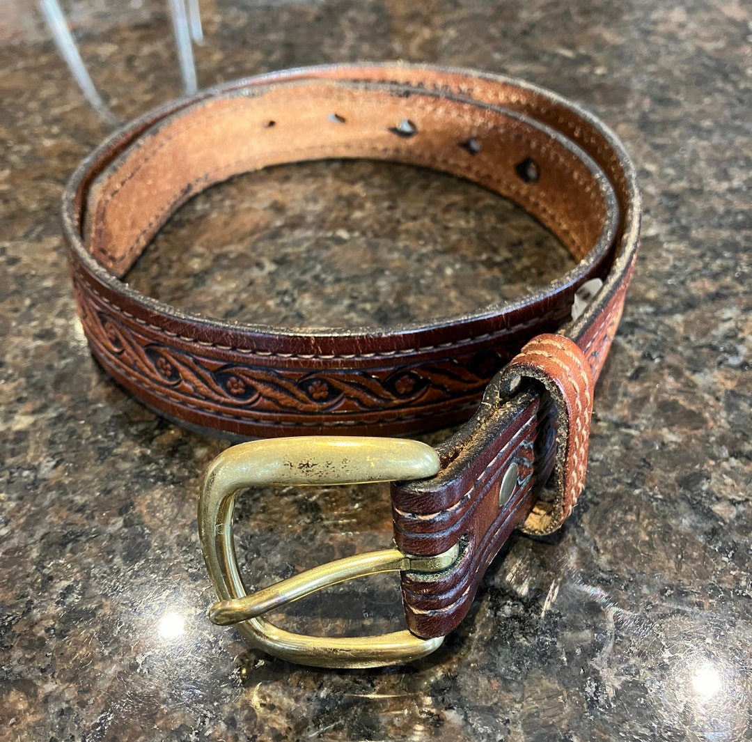 Vintage 1980s Tooled Leather Gary Mccoy Western Belt Size 28 ...