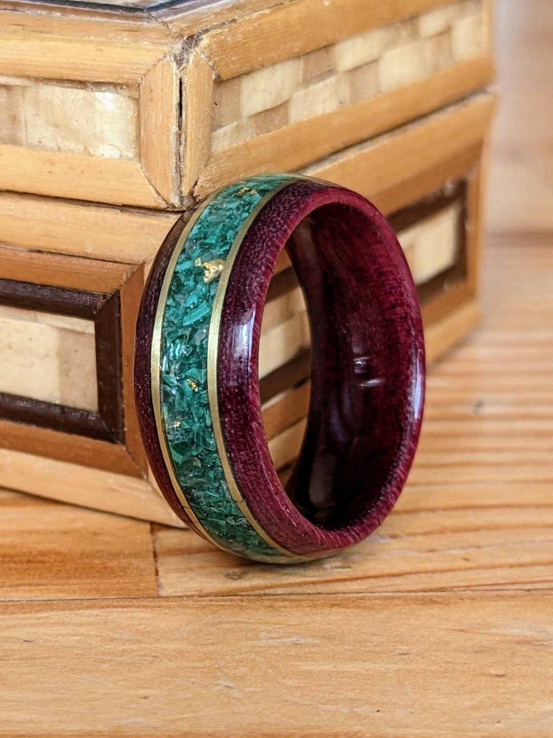 Purple Heart, Malachite, Gold Leaf and Brass Wire Inlay, Handmade Ring ...