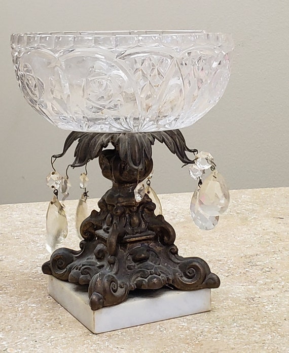 Vintage Crystal Compote With Metal Stand and Marble Base - Etsy