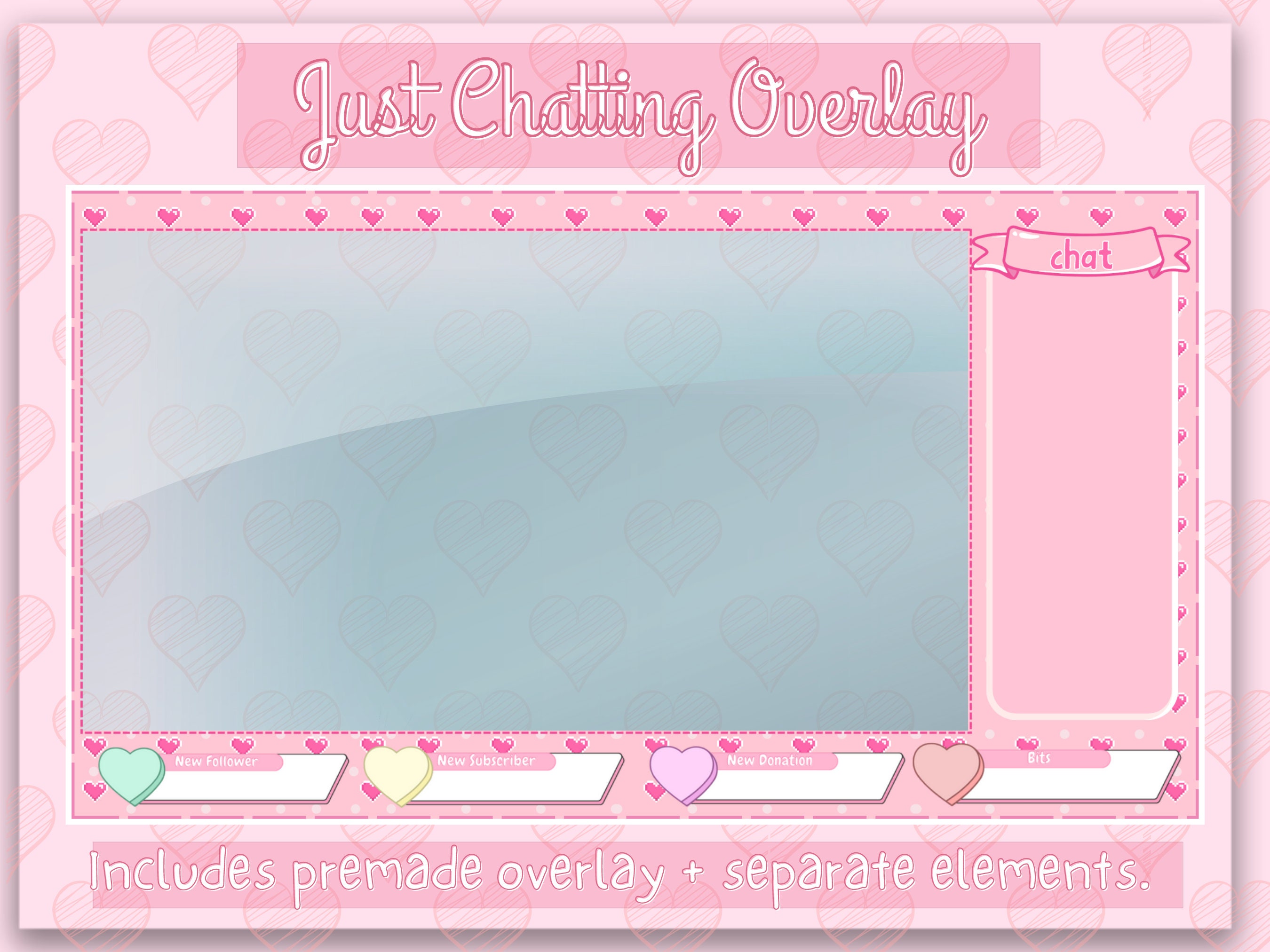Cute Pixel Hearts Valentines Theme Twitch Overlay Pink White Kawaii ...