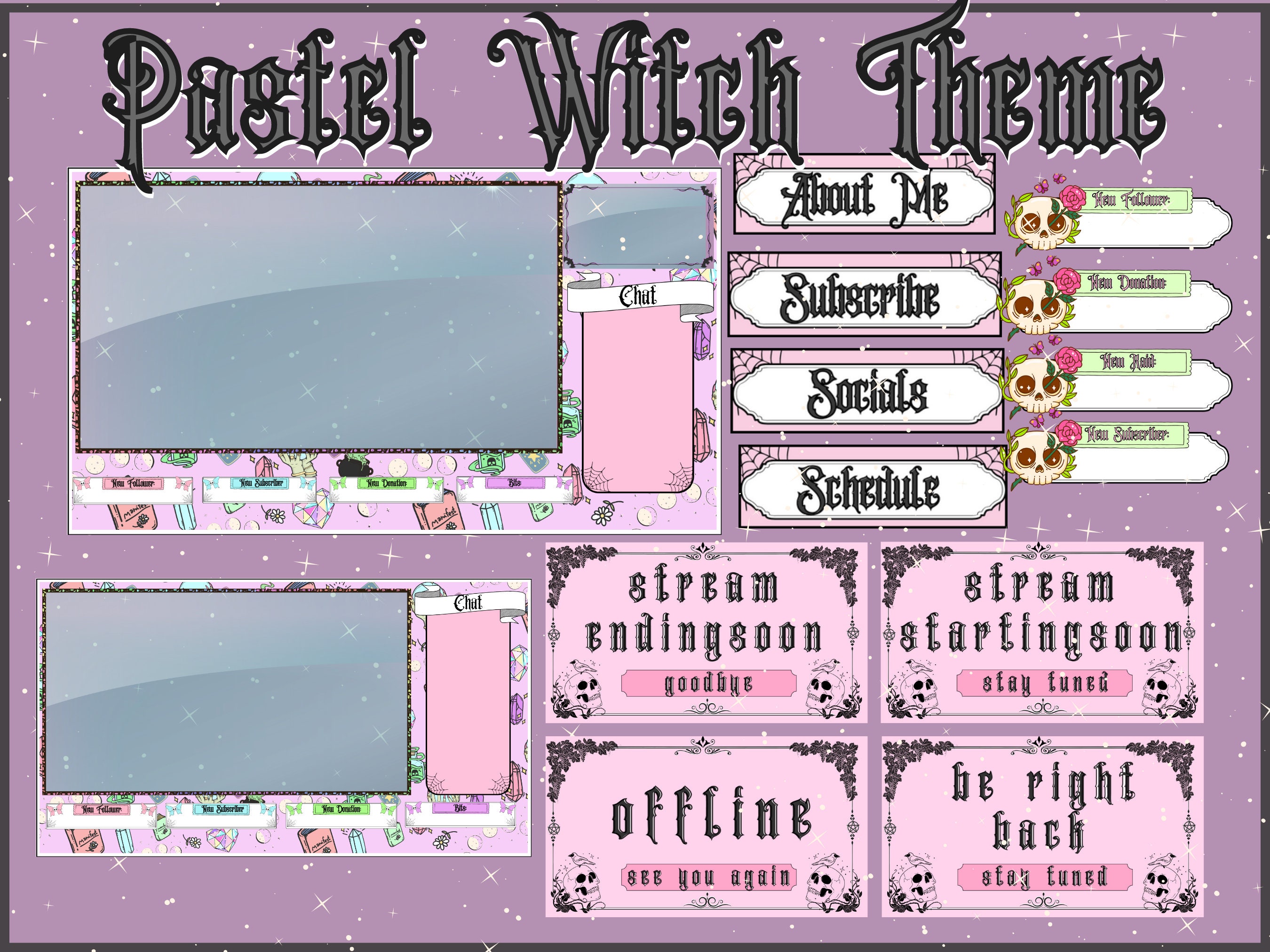 Pastel Witch Twitch Theme Stream Overlay Package With Screens Frames Panels Alerts Labels Cute ...