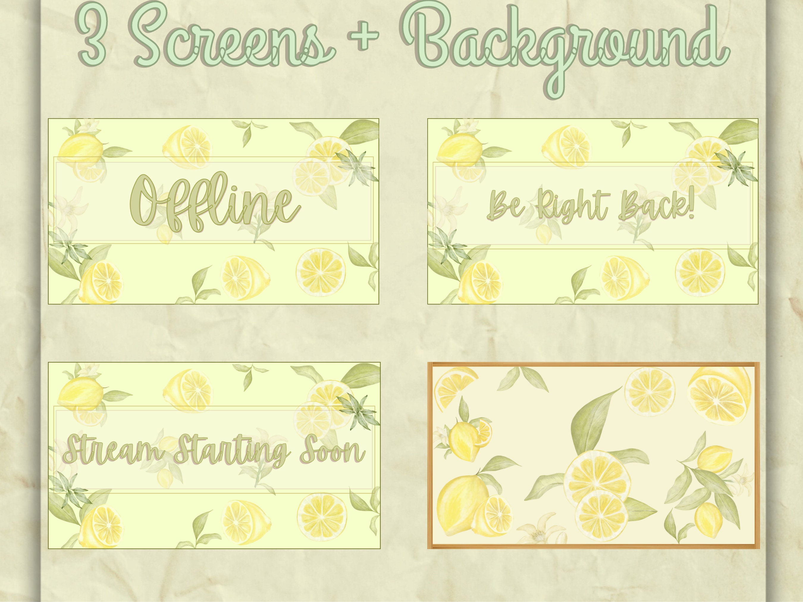 Watercolor Lemons Twitch Theme Overlay Cute Yellow Beige Green Mint ...