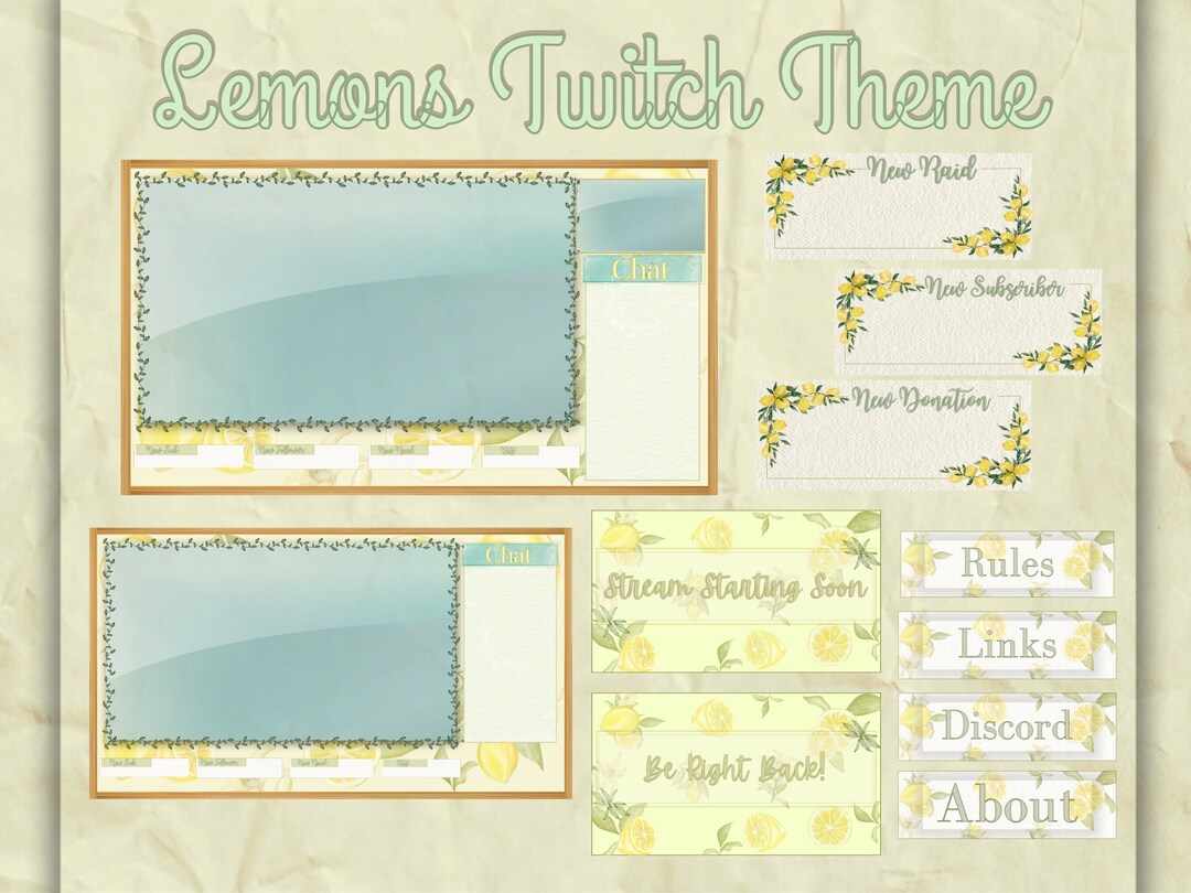 Watercolor Lemons Twitch Theme Overlay Cute Yellow Beige Green Mint ...