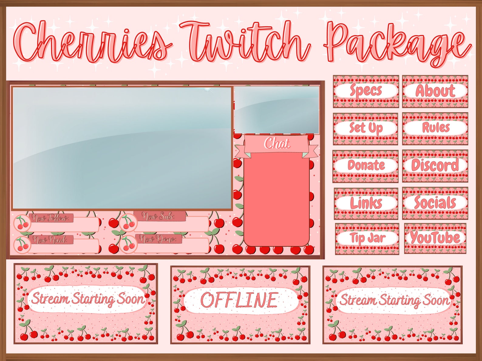 Cherries Twitch Stream Package Pink Pastel Kawaii Cute Overlay Screens ...