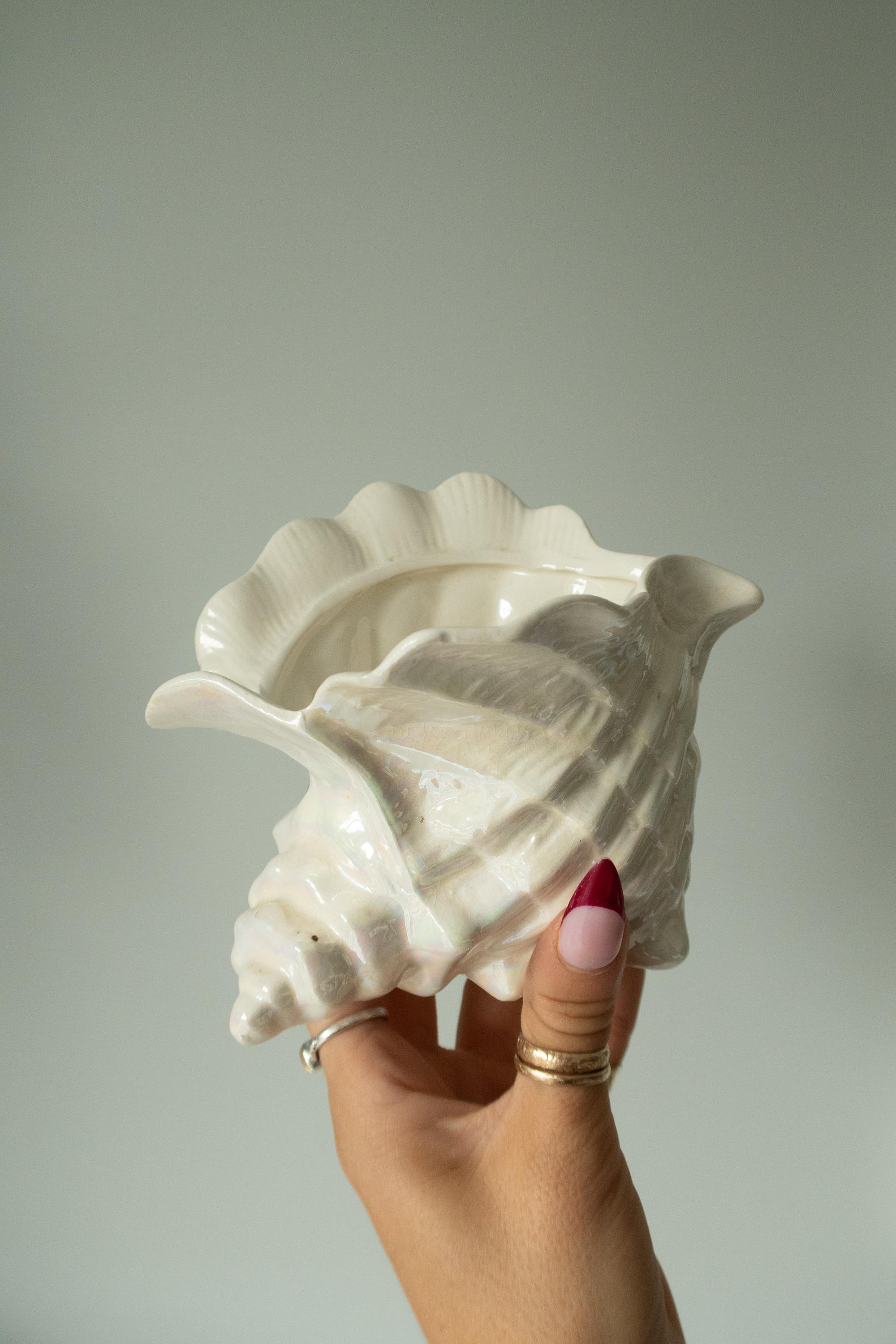 Vintage White Iridescent Conch Shell Planter Plant Pot Vase *imperfect ...