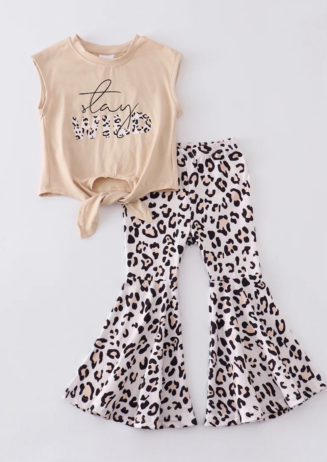 Maggie Beige Girls Leopard Knot Top Two Piece Bell Bottom Set - Etsy
