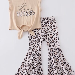 Maggie Beige Girls Leopard Knot Top Two Piece Bell Bottom Set - Etsy