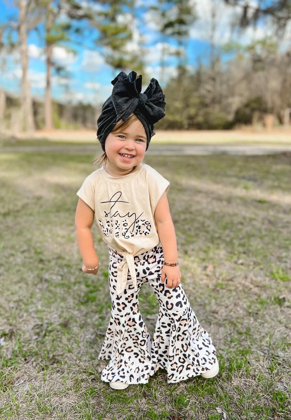 Maggie Beige Girls Leopard Knot Top Two Piece Bell Bottom Set - Etsy