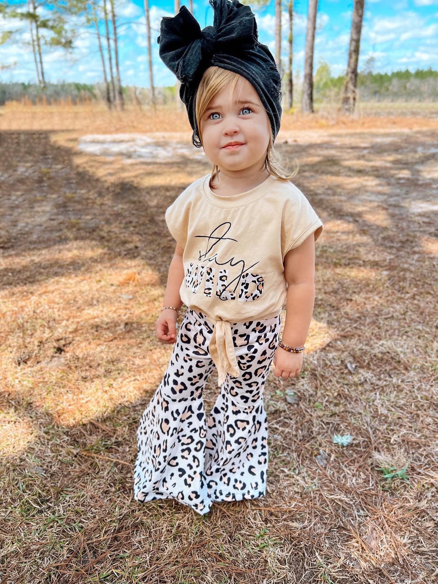 Maggie Beige Girls Leopard Knot Top Two Piece Bell Bottom Set - Etsy