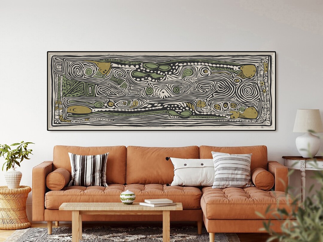 Aboriginal Panoramic Art, Long Horizontal Wall Art, Black and Green ...