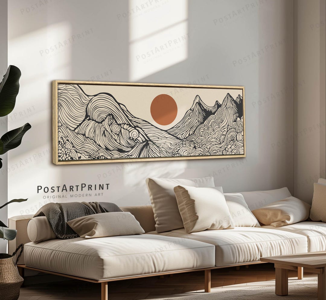 Mide Century Mountain and Sun: Minimalist Long Horizontal Landscape ...