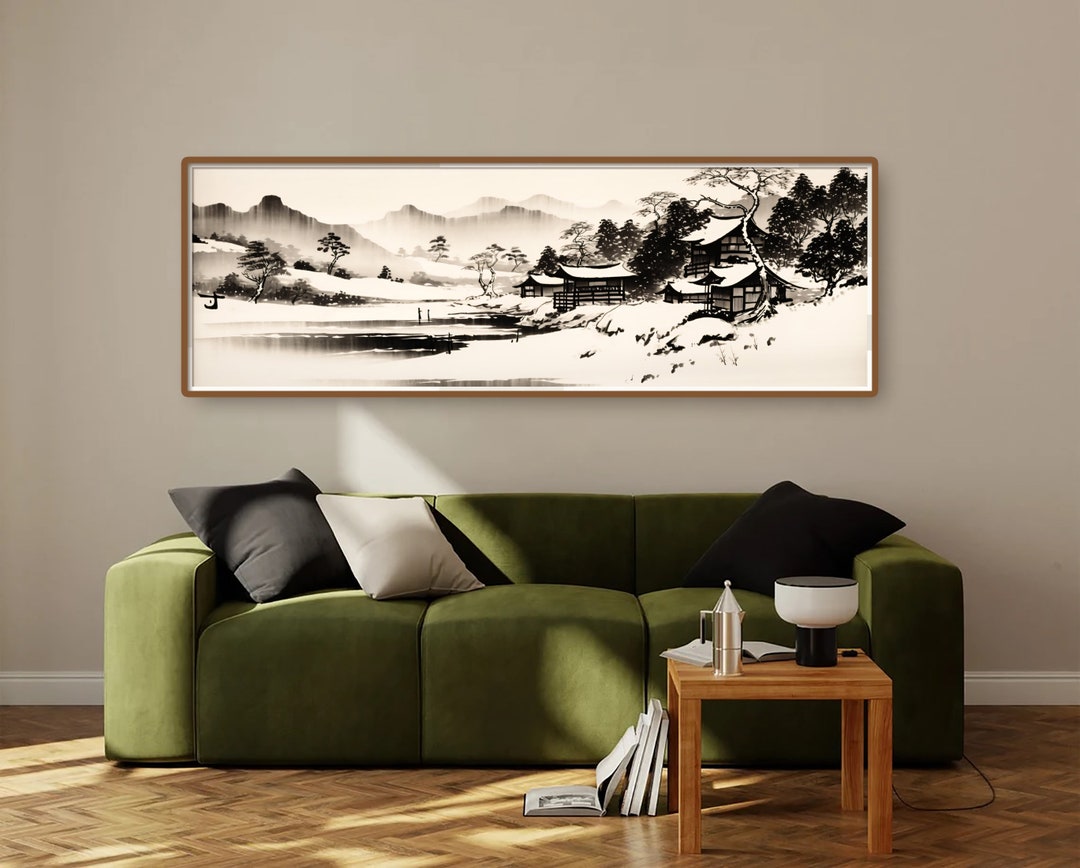 Long Horizontal Japanese Ink Painting, Japanese Landscape Art, Japanese ...