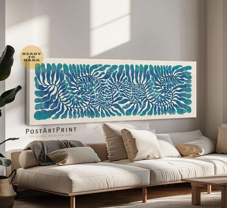 Mid Century Horizontal Blue Floral Art: Long Horizontal Wide Framed ...