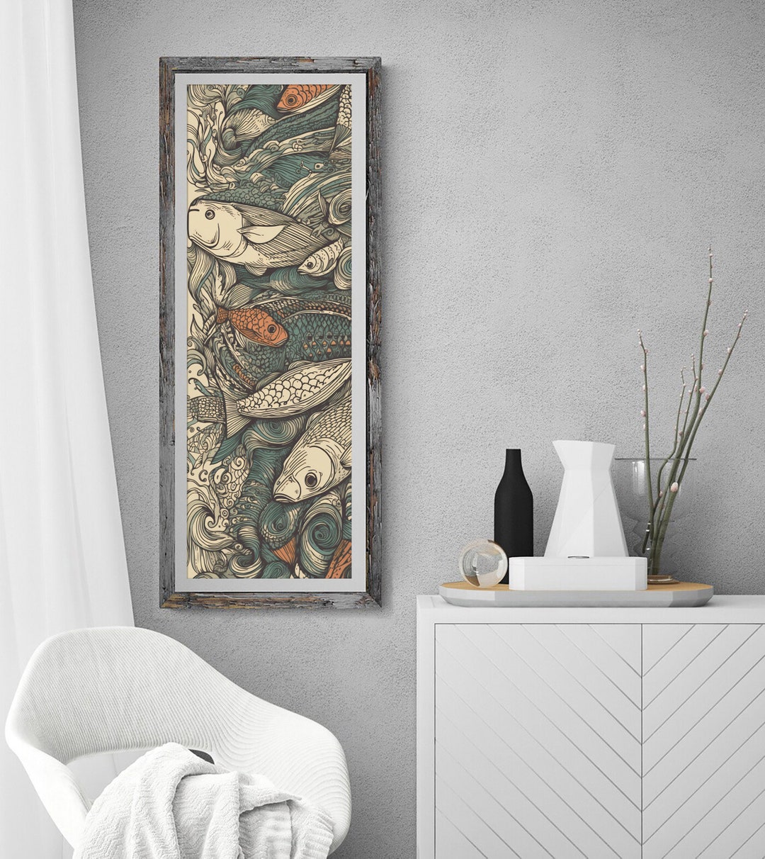 Fish Art Print, Long Narrow Decor, Shoal of Fhish, Nautical Poster ...