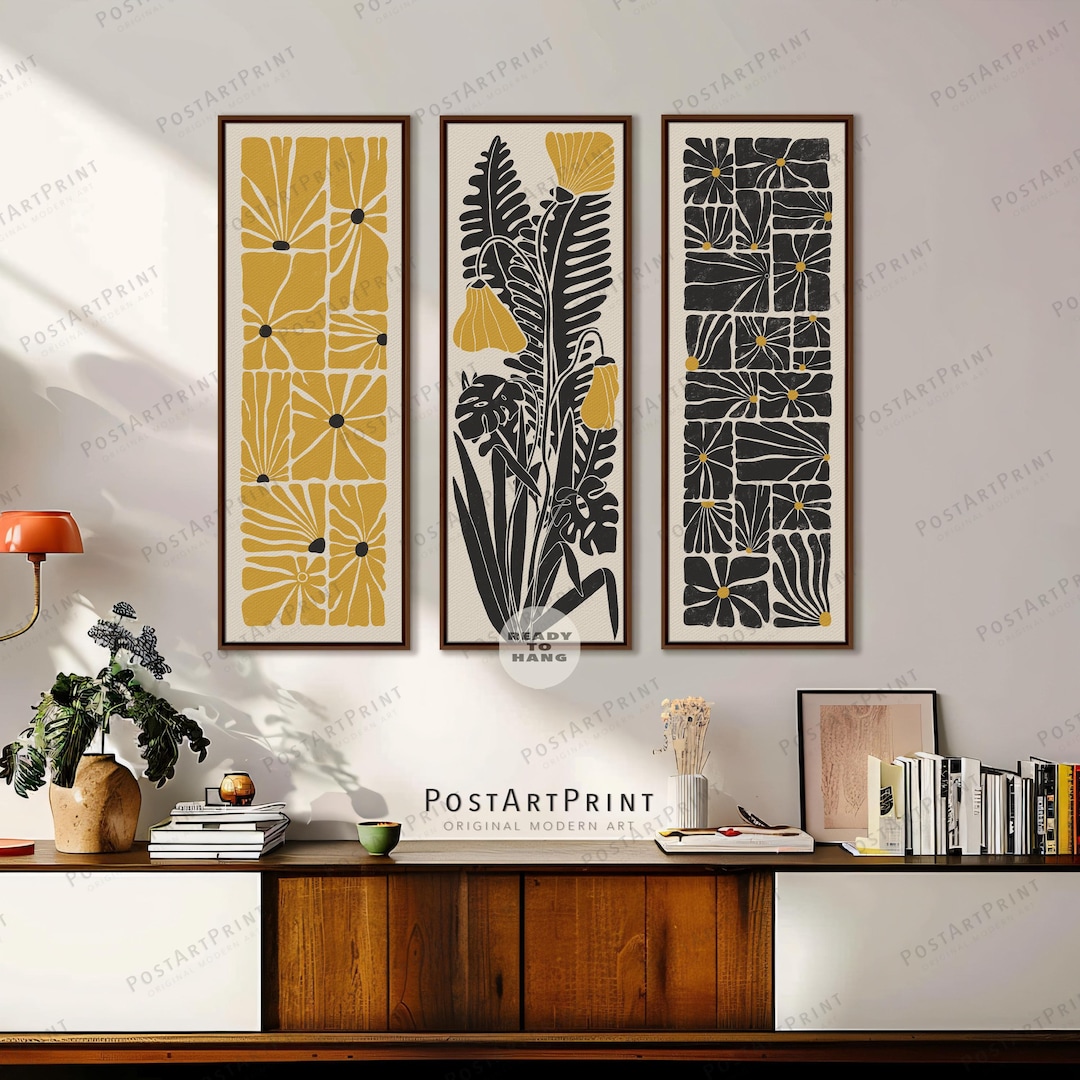 Mid Century Flowers Wall Art Set: Black & Yellow Long Narrow Wide Decor ...