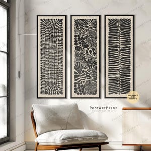 Long Narrow Art, Set of 3, Mid Century Flowers, Black and Beige Wall ...