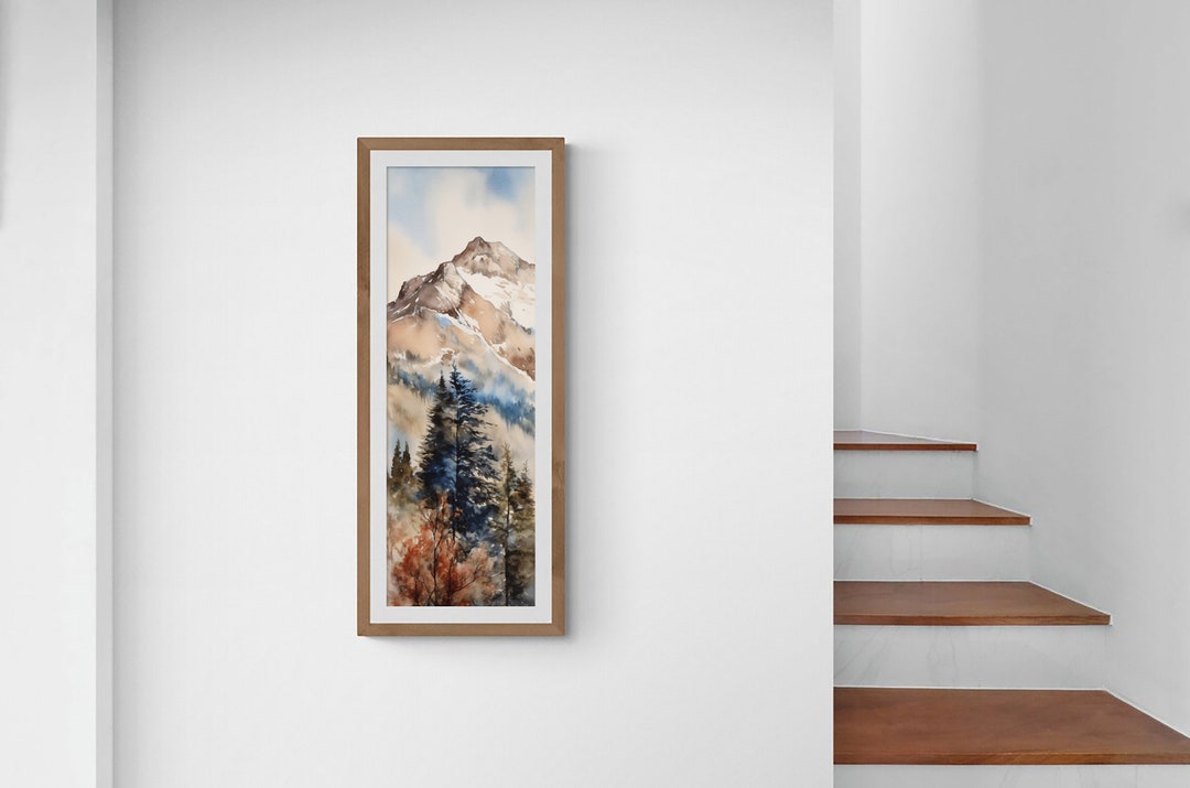 Watercolor Mountain Landscape Long Vertical, Panoramic Wall Art ...