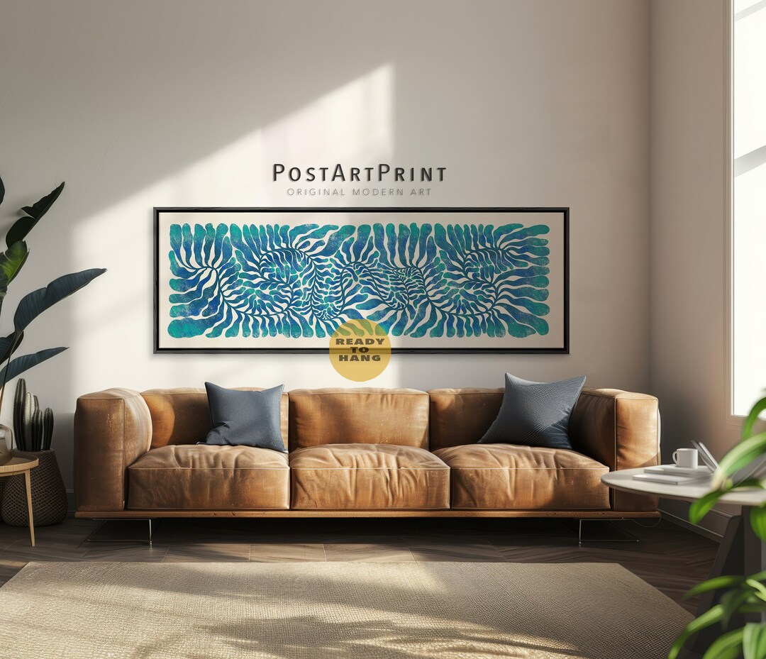 Mid Century Horizontal Blue Floral Art: Long Horizontal Wide Framed ...