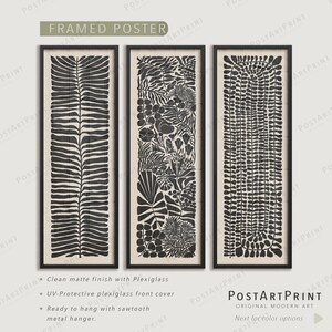 Long Narrow Art, Set of 3, Mid Century Flowers, Black and Beige Wall ...