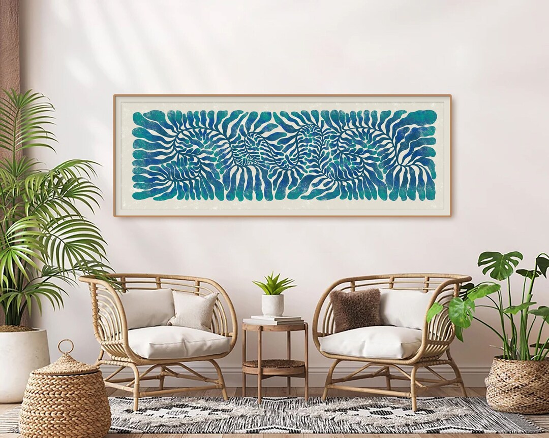 Abstract Botanical, Long Horizontal Art, Blue and Beige Wall Art, Navy ...
