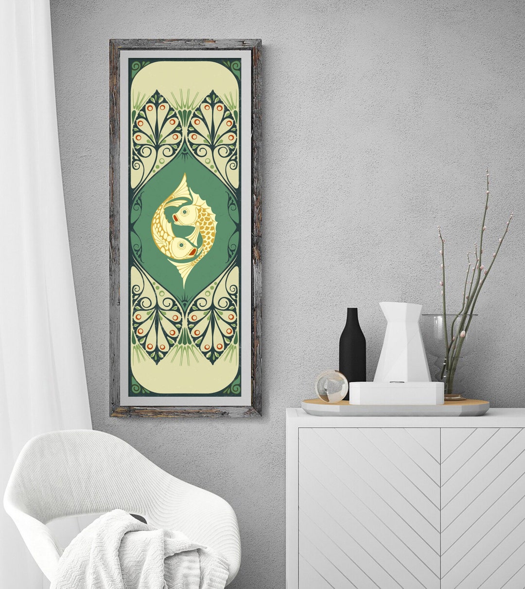 Vintage Koi Fish Art, Long Narrow Wall Art, Art Nouveau Print, Retro ...