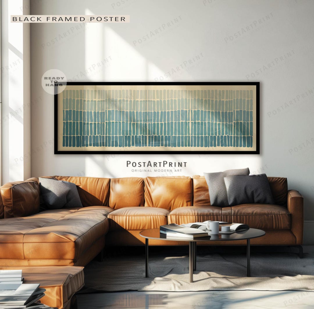 Long Horizontal Blue Color Blocks Art: Mid Century Panoramic Framed ...