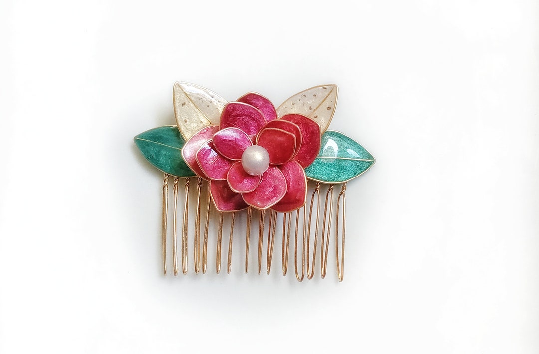 Berry Color Floral Hair Comb, Burgundy Flower Side Comb, Gold Wire ...